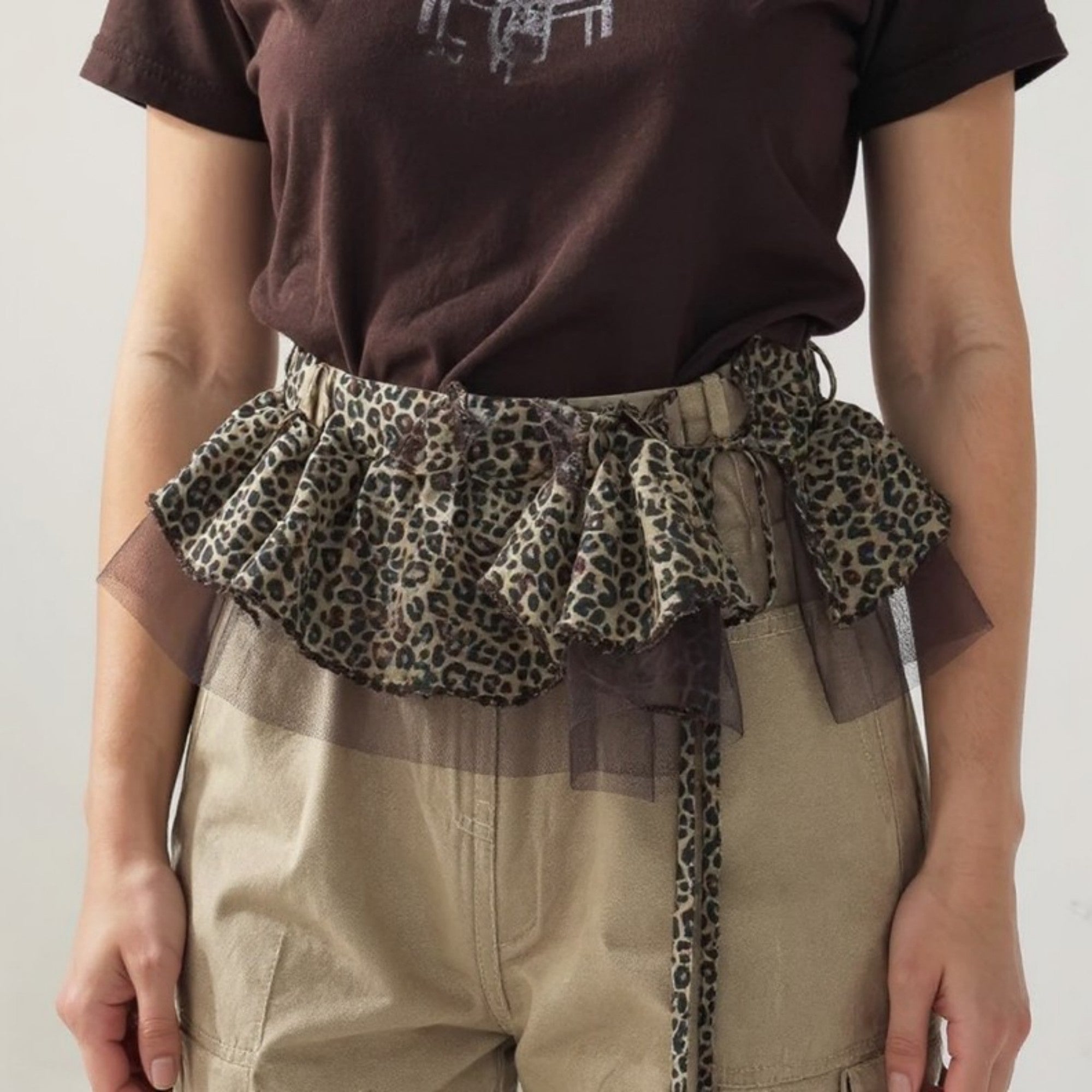 Anna-Kaci Women's Leopard Print Ruffle Belt with Sheer Mesh Trim and T