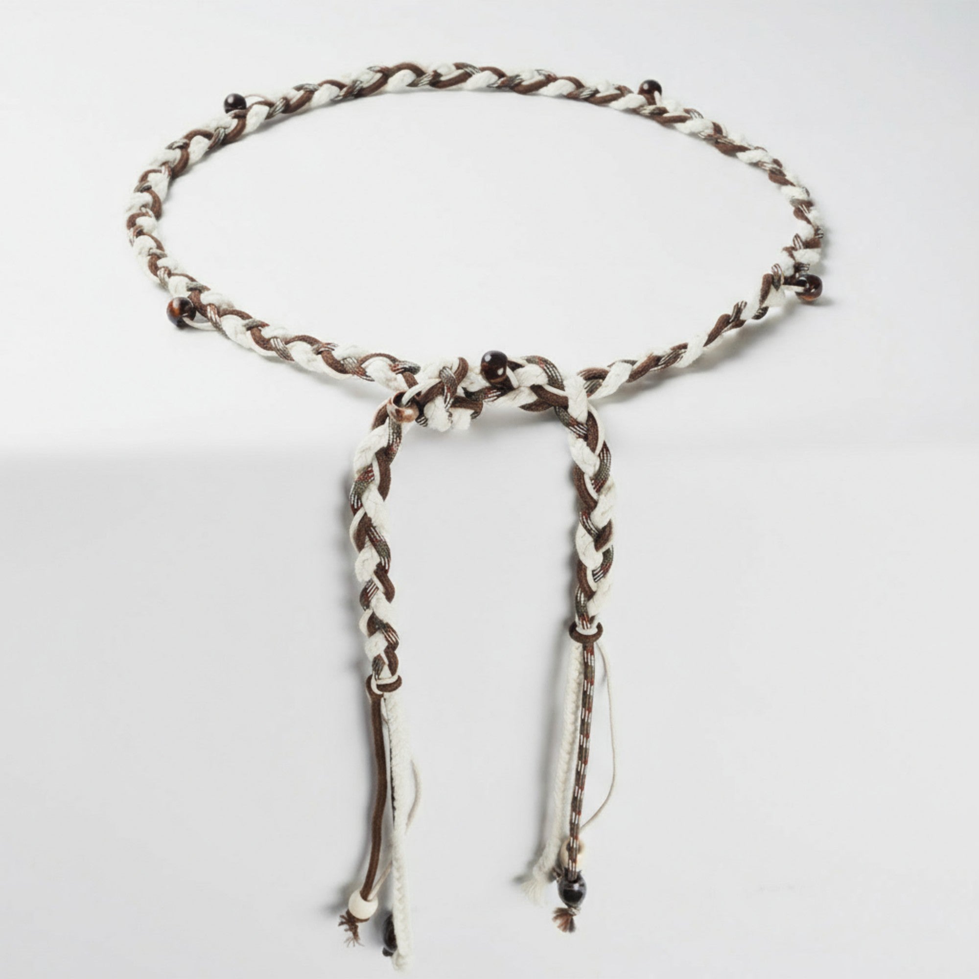 Anna-Kaci Women's Braided Rope Belt with Wooden Bead Details and Tasse