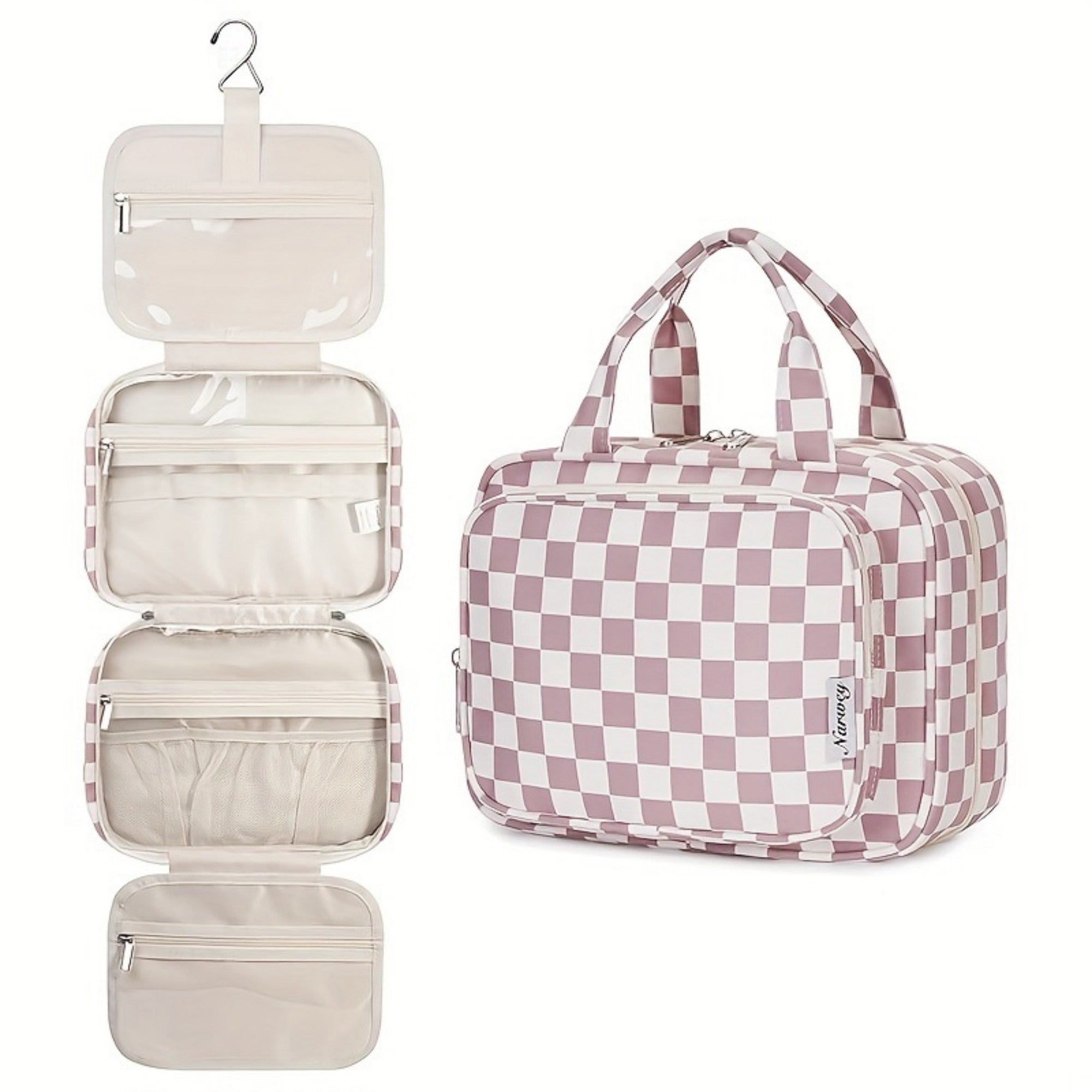 Anna-Kaci Hanging Toiletry Bag with Checkered Pattern and Multi-Layer