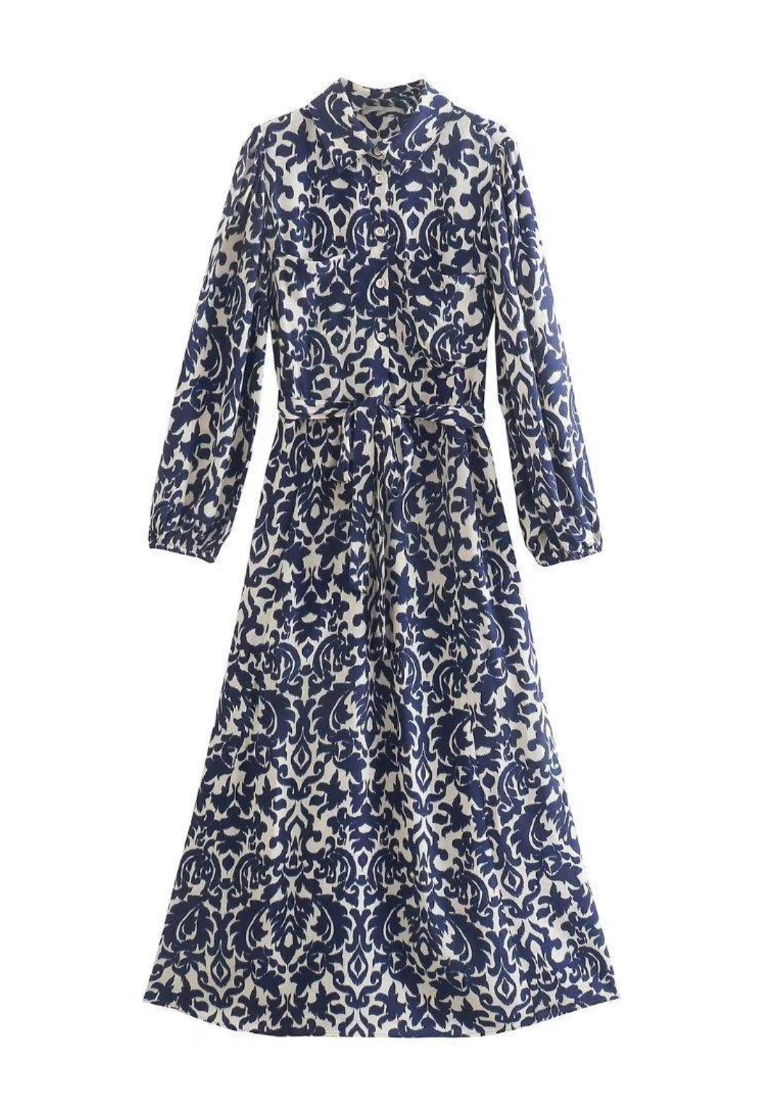 Swirly Print Button Front Long Sleeve Maxi Shirt Dress for Women – Anna ...