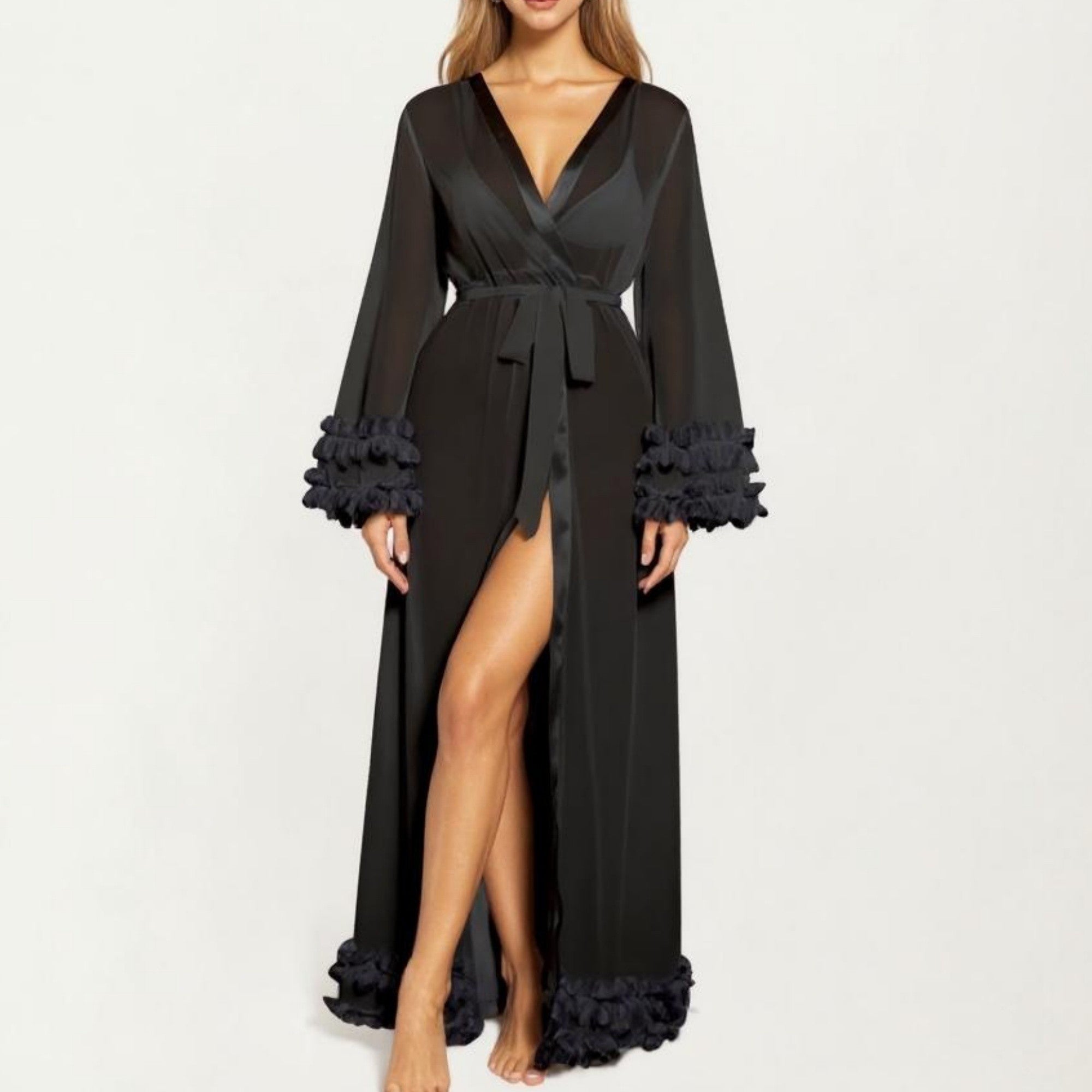 Anna-Kaci Women's Long Satin Robe with Ruffled Cuffs Hem and Tie Waist
