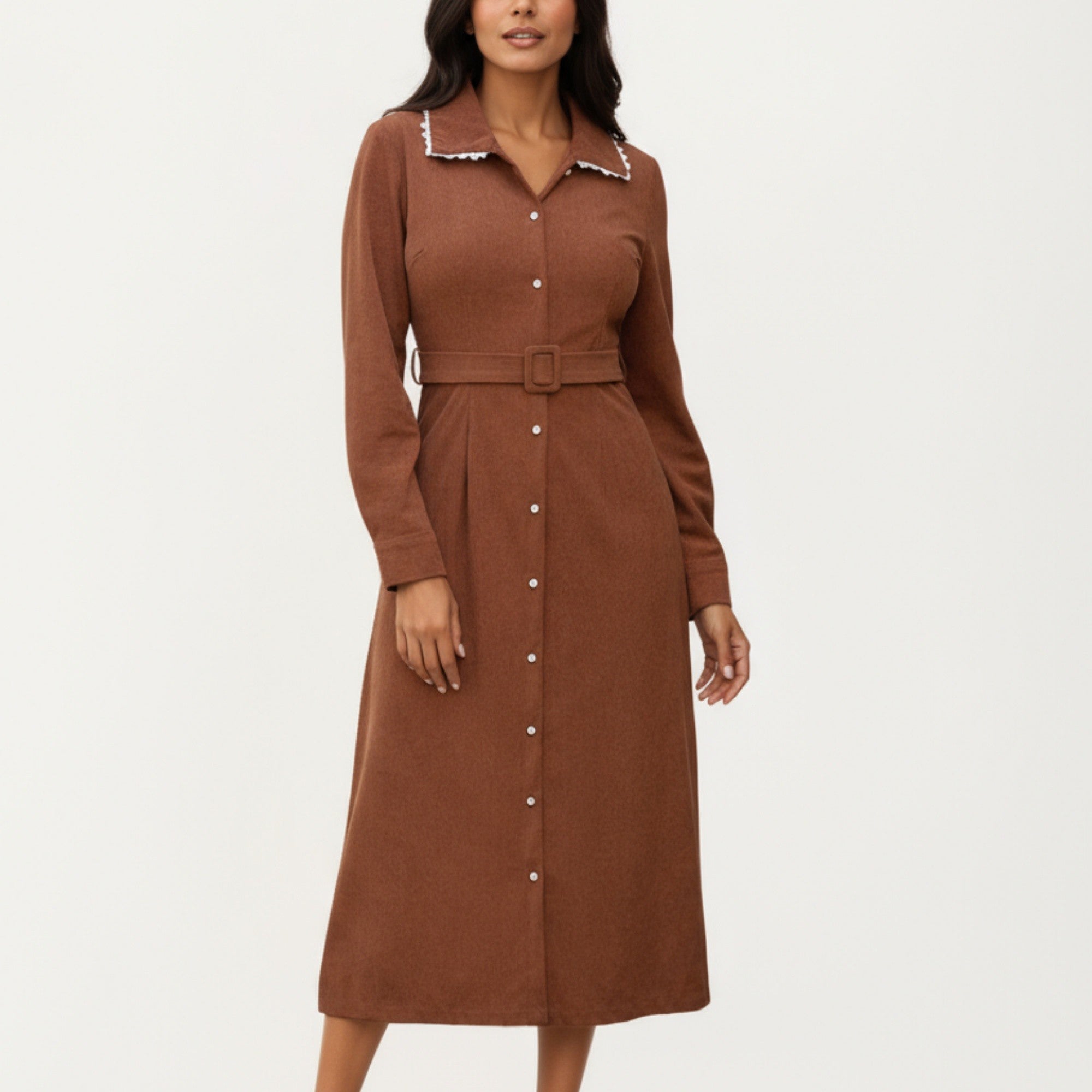 Anna-Kaci Women's Long Sleeve Button-Down Midi Dress with Belted Waist
