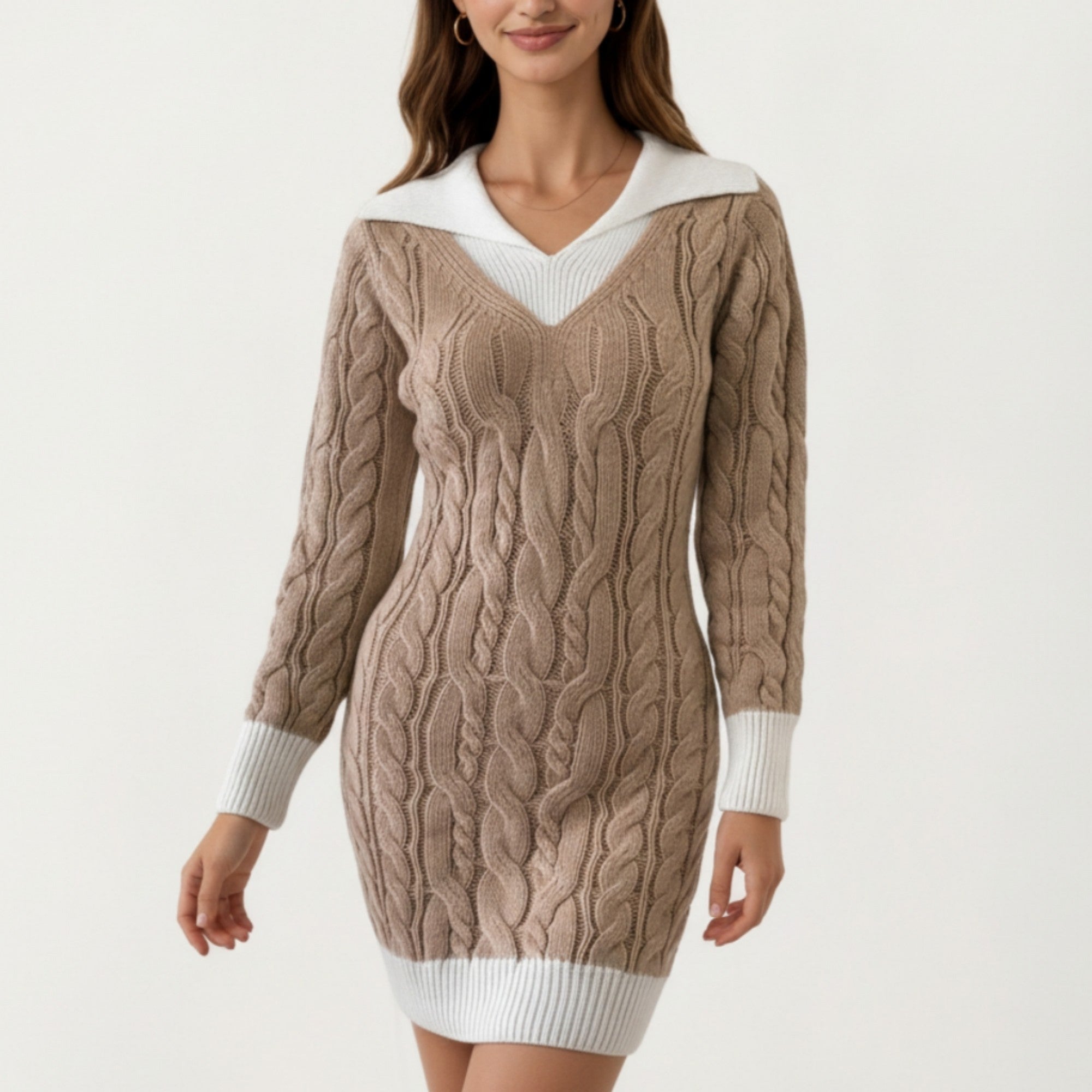 Anna-Kaci Women's Cable Knit Sweater Dress with V Neck Collar Detail a