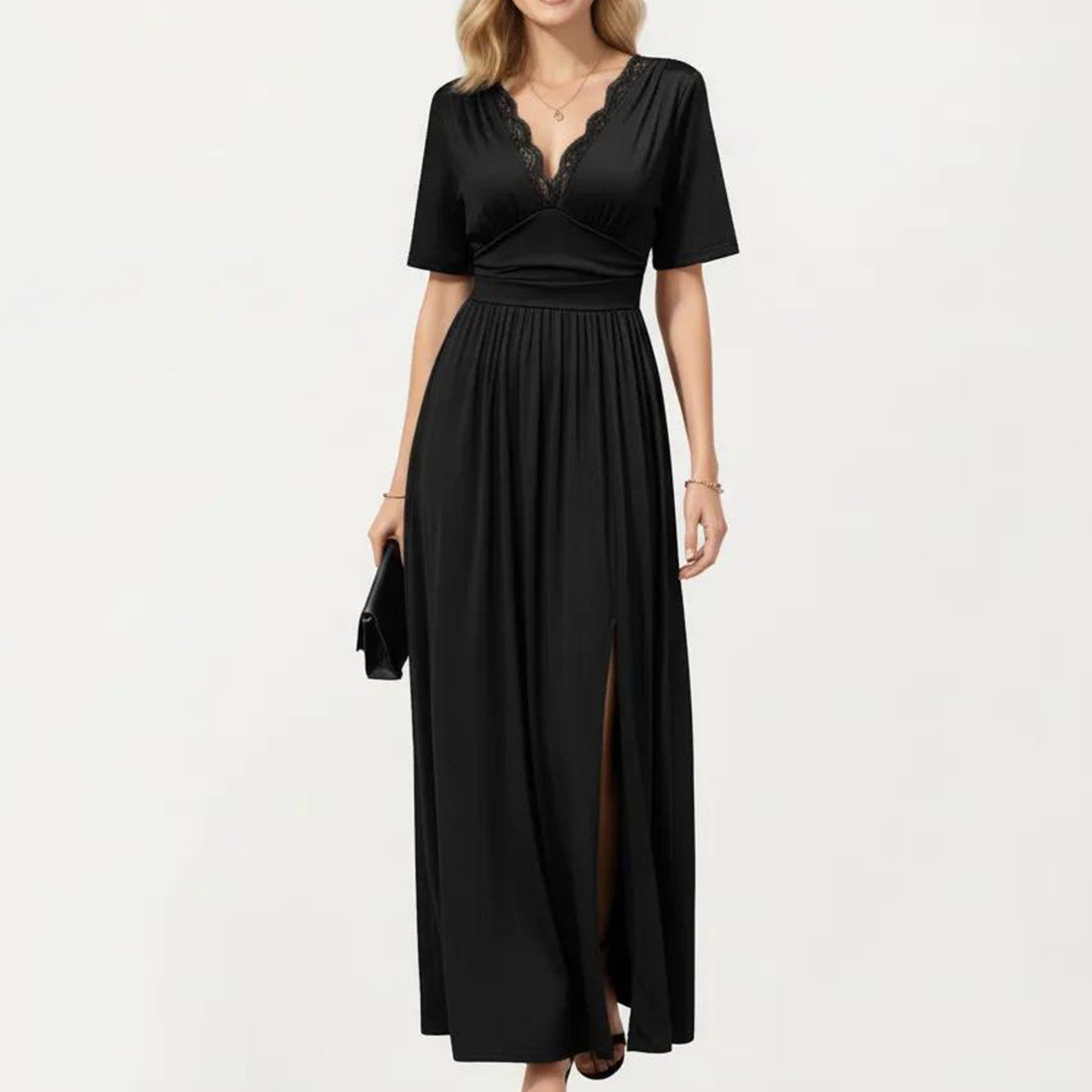 Anna-Kaci Short Sleeve Lace Trim Maxi Dress with V Neckline and Side S