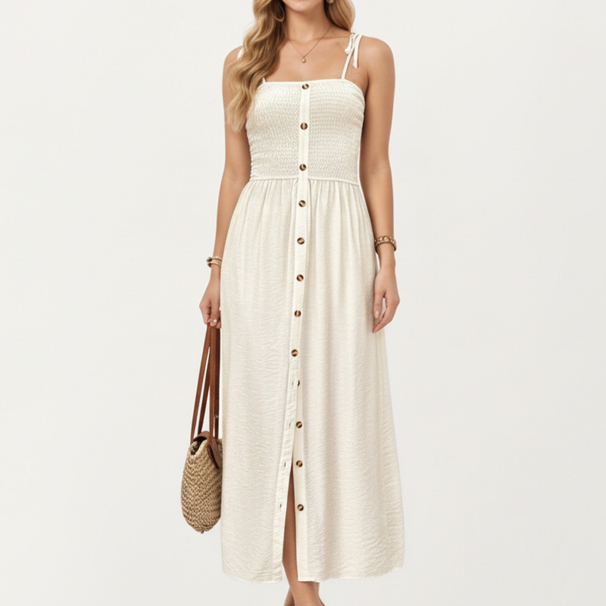 Anna-Kaci Smocked Bodice Button Front Maxi Dress with Tie Shoulder Str
