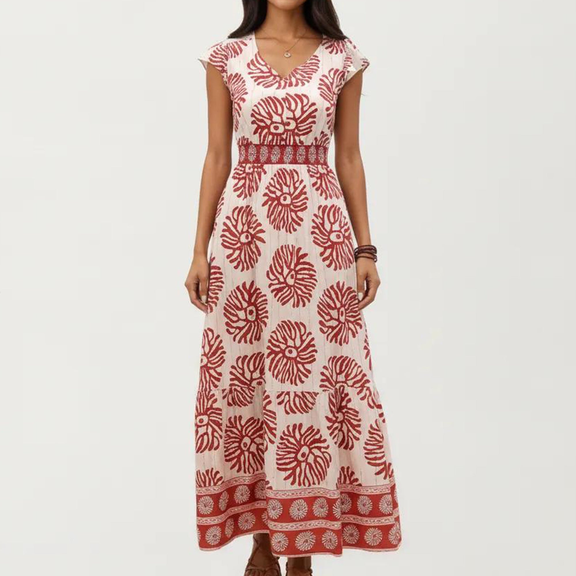 Anna-Kaci Women's Cap Sleeve Maxi Dress with V Neckline and Smocked Wa