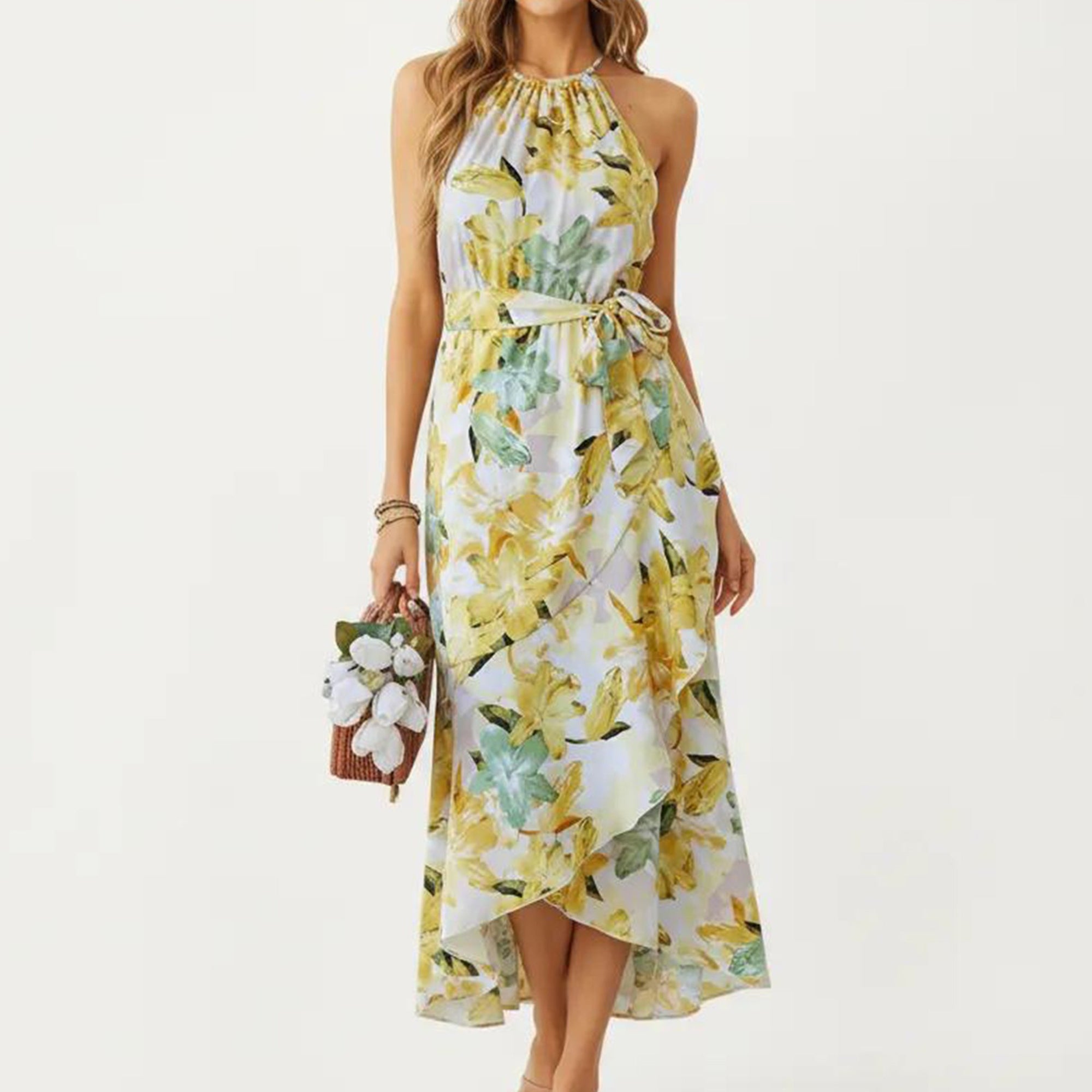 Anna-Kaci Women's Halter Neck Midi Dress with Floral Print and Asymmet