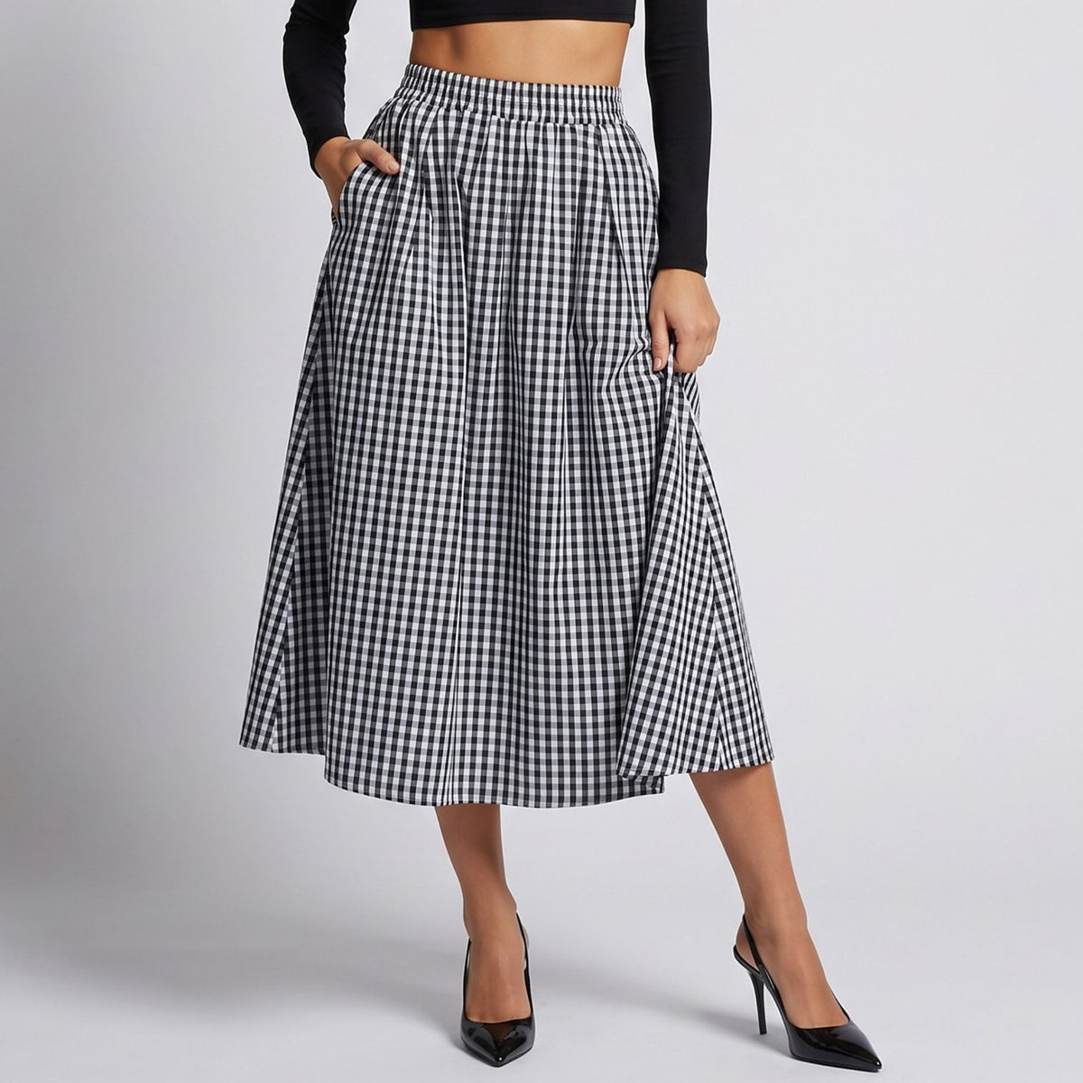 Gingham Midi Skirt with Smocked Waistband, Gathered A-Line Shape and S ...