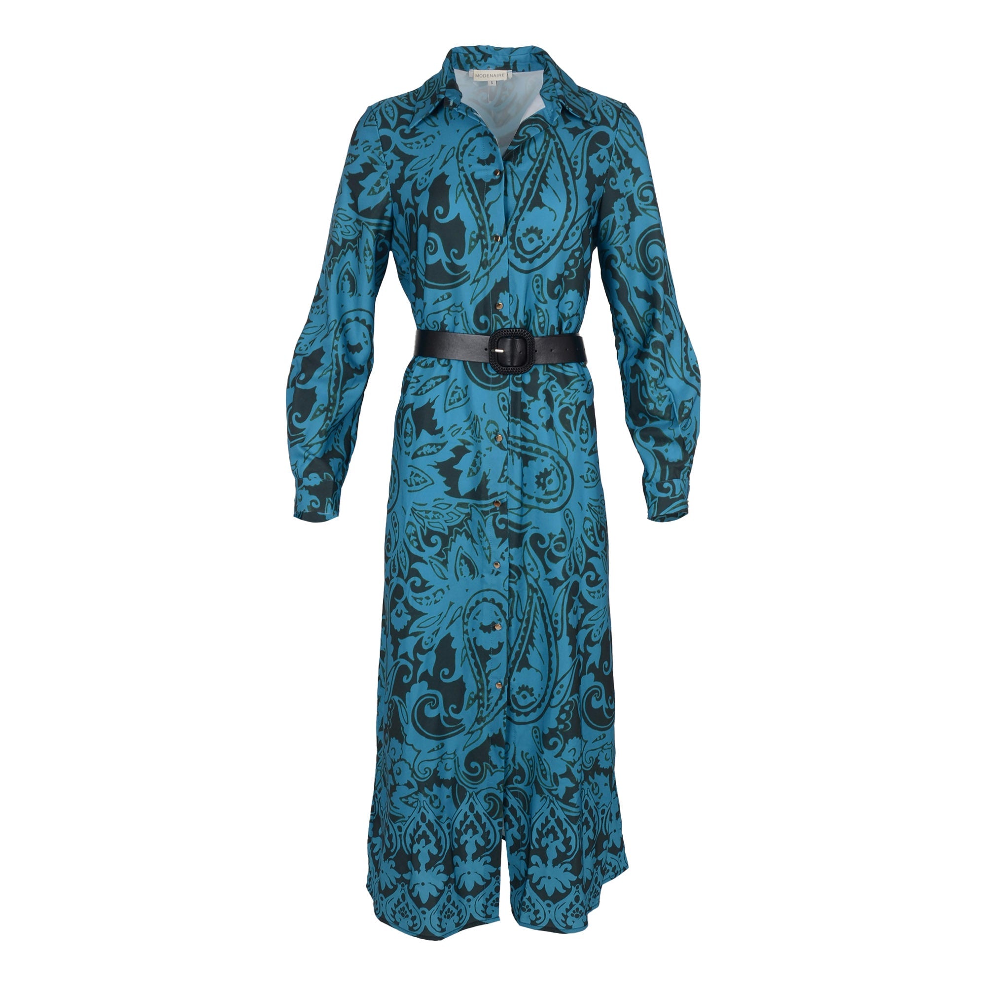 Boho Print Front Button Down Collar Neck Belted Waist Long Sleeves ...