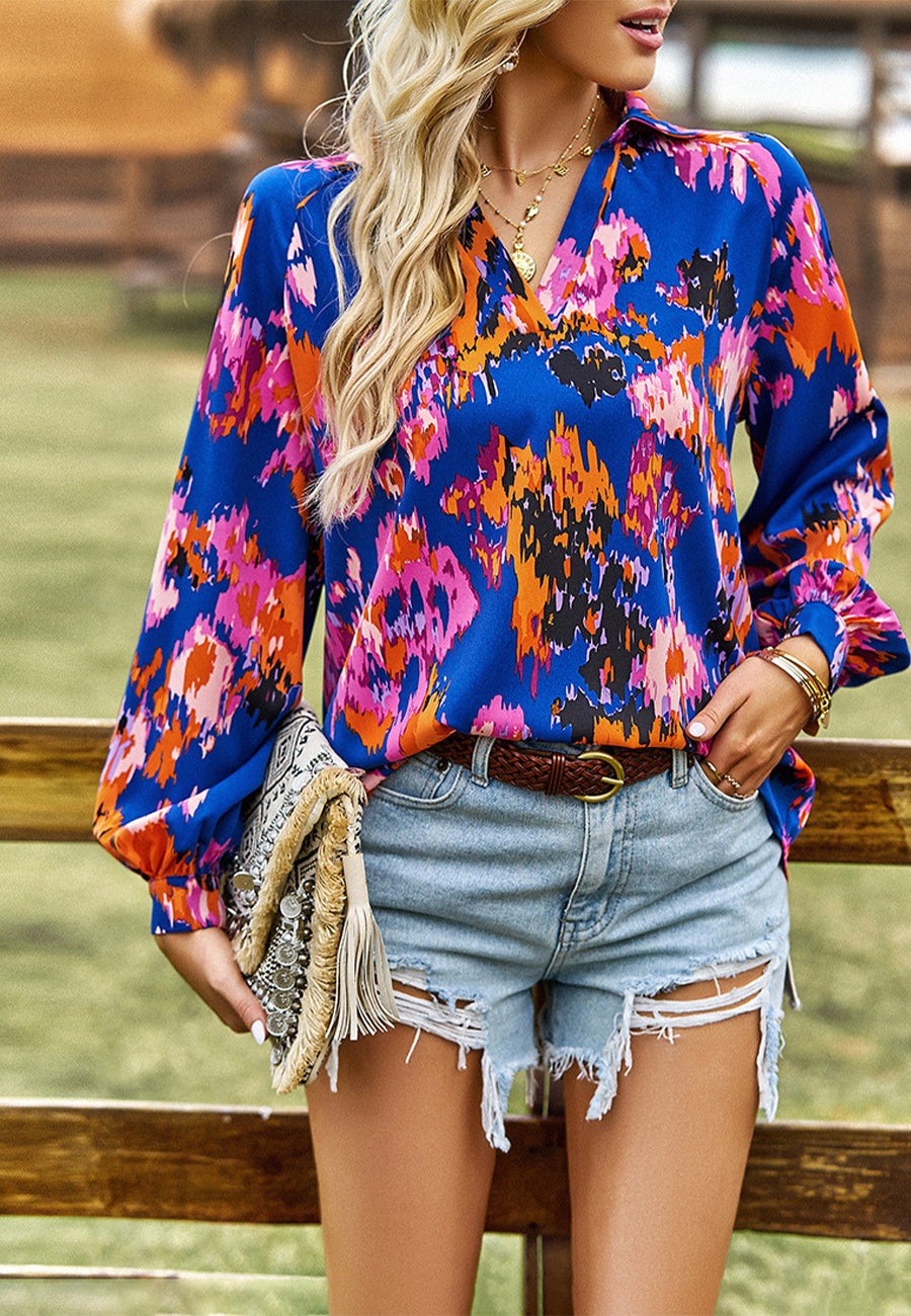 Multicolor Abstract Print Collared V Neck Classic Blouse for Women ...