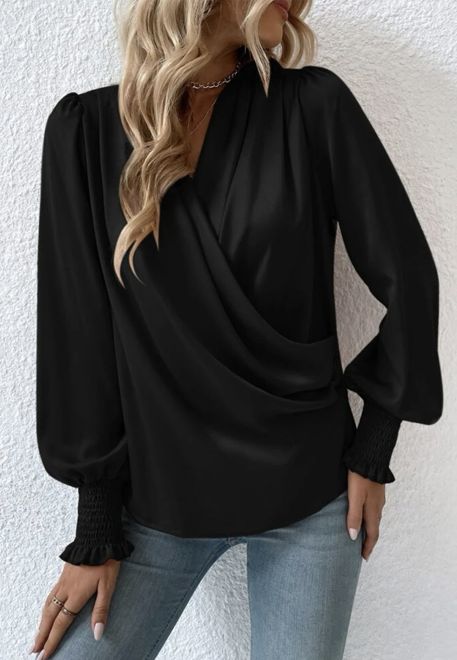 Shirred Cuff Long Sleeve Surplice Neck Faux Wrap Blouse for Women ...