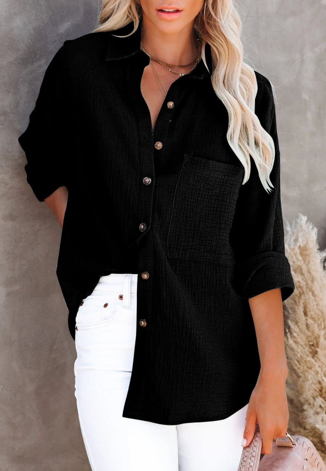Solid Color Front Shirt Pocket Collared Neck Front Button Down Top for ...