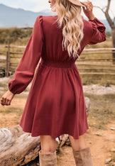 V Neck Solid Color Shirred Waist Dress for Women Above Knee Length ...