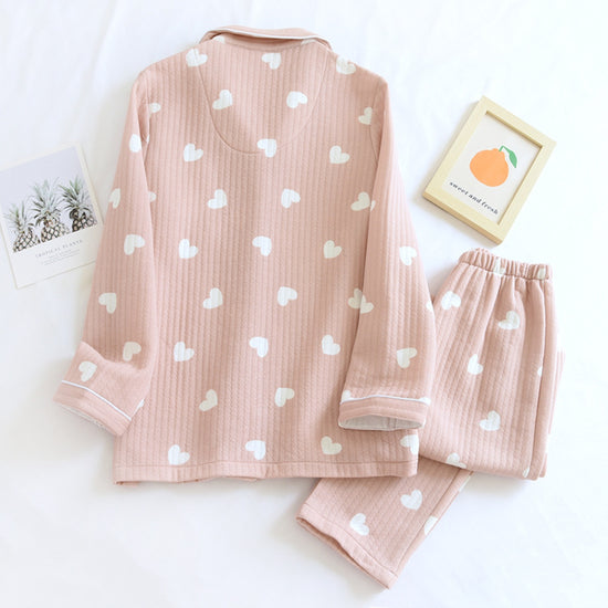 Heart Pattern Textured Pajama Shirt and Pants Coordinates for Women ...