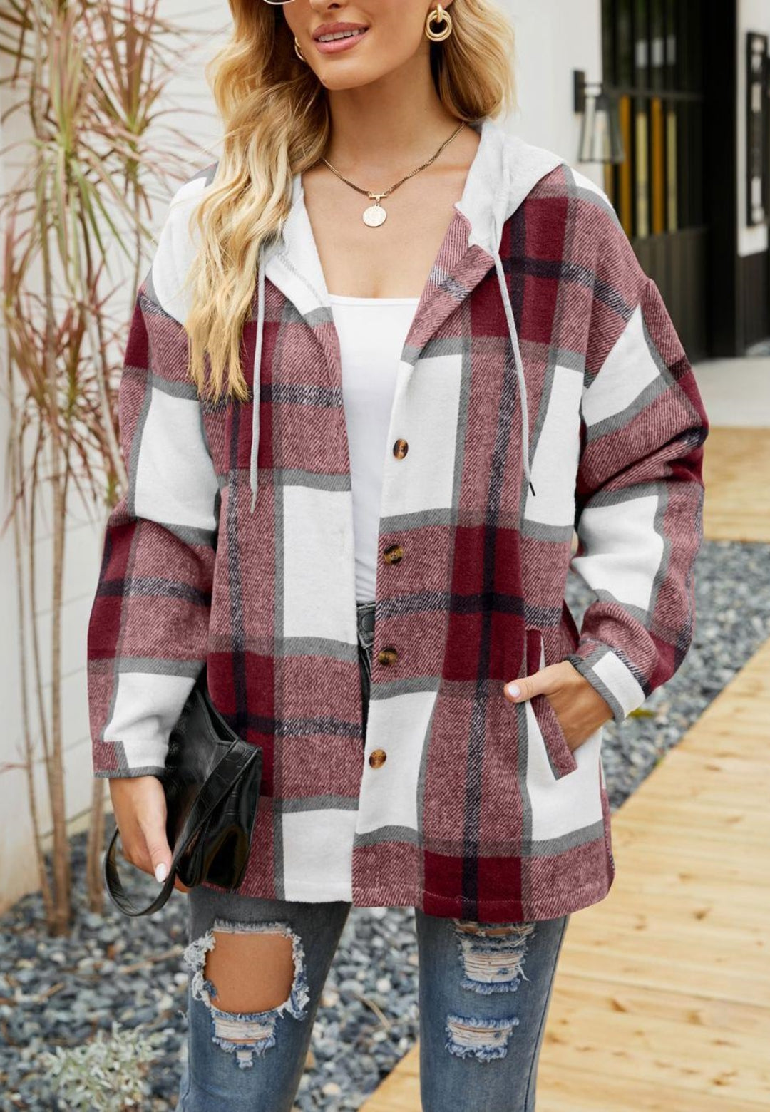 Plaid Pattern Button Front Drop Shoulder Hooded Jacket for Women – Anna ...