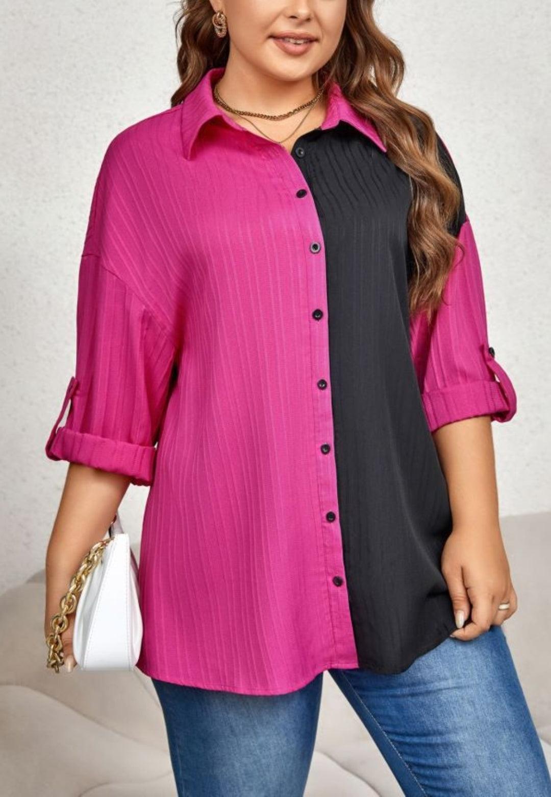 Plus Two Tone Collared Button Down Textured Polo Shirt for Women – Anna ...