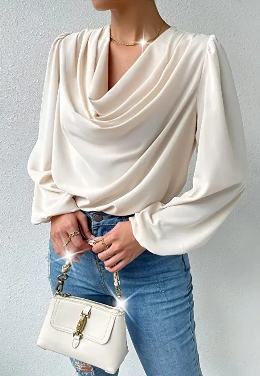 Solid Color Cowl Neck Bishop Sleeve Classic Blouse for Women – Anna-Kaci
