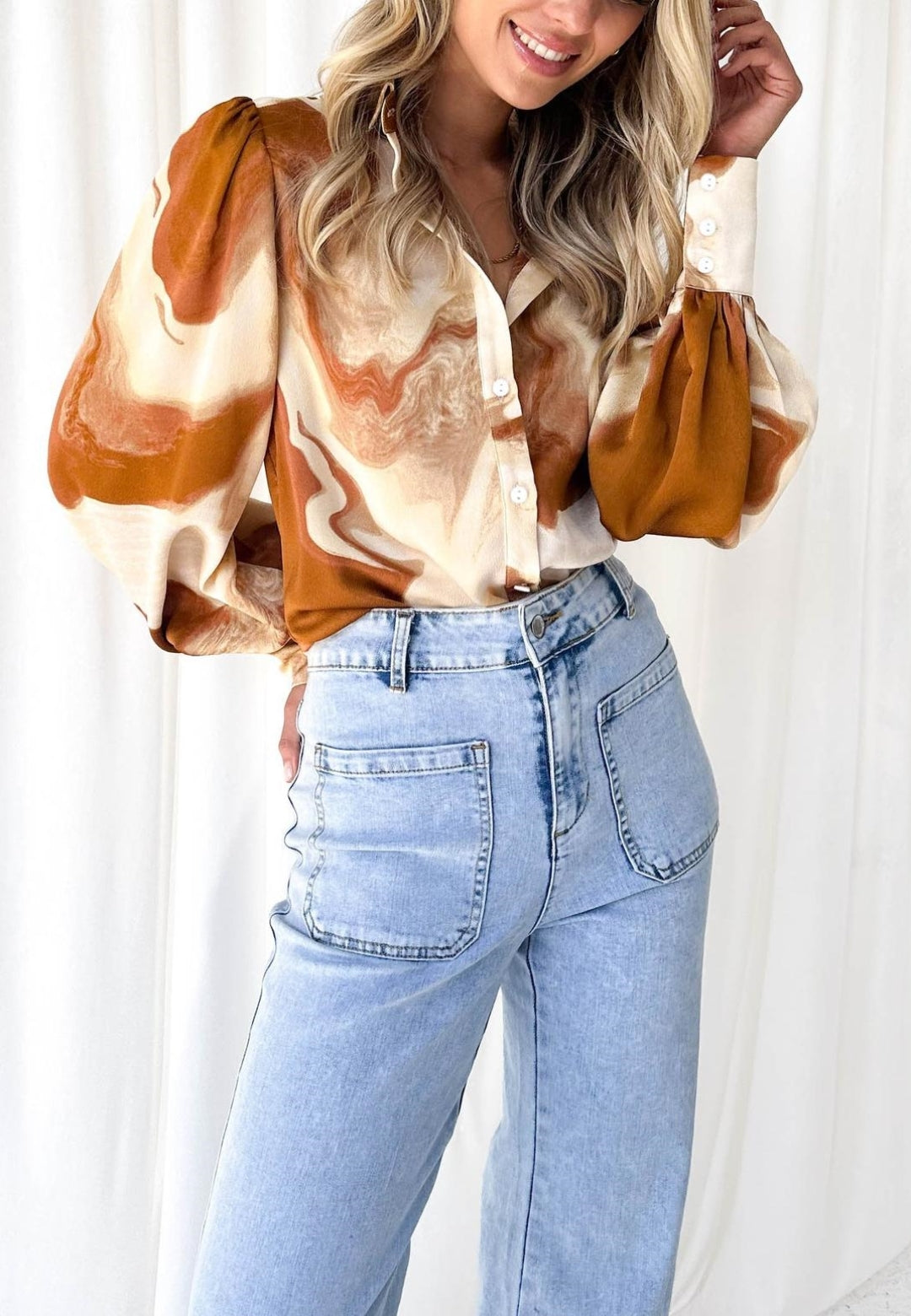 Multicolor Abstract Bishop Sleeve Button Down Blouse for Women – Anna-Kaci
