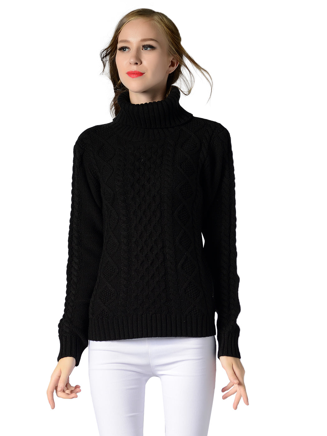Cable Knit Turtle Neck Stretch Long Sleeve Pullover Sweater – Anna-Kaci
